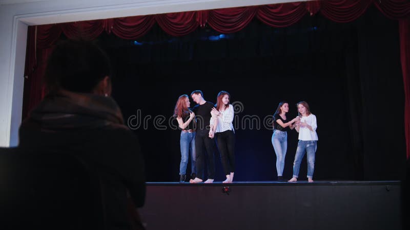 A Theater Stage. a Scared Girl Looking Out of the Backstage Cloth Stock ...