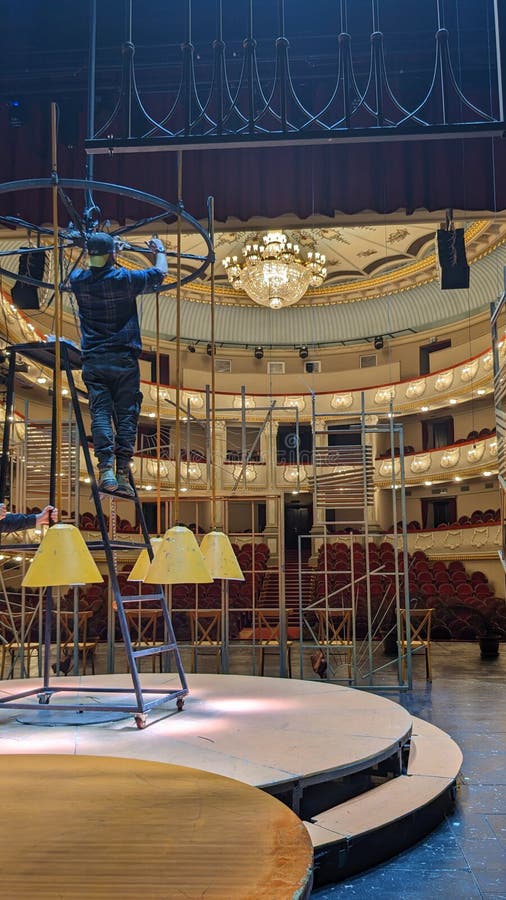 Theater Stage Workers Constructing Decorations Stock Photo - Image of ...