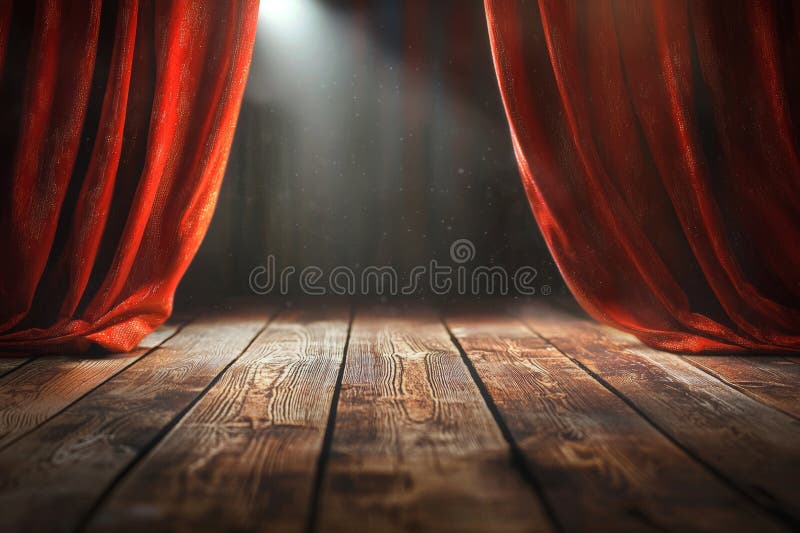Theatre Hall with an Empty Stage and Red Curtains Lit by a Spotlight ...