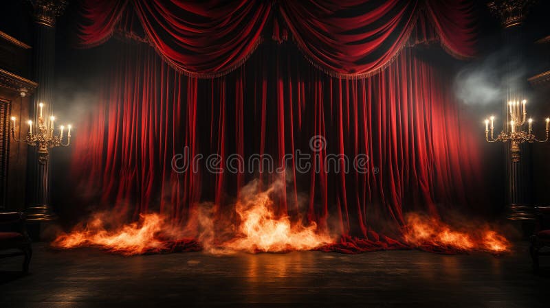 Burning Theatre Stage with Red Velvet Curtains on Fire. Generative AI ...