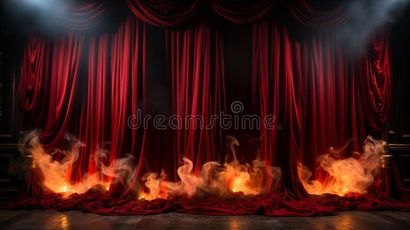 Firey Theatre Stage with Red Velvet Curtains in Flames. Generative AI ...