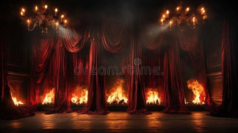 Flaming Theatre Stage with Red Velvet Curtains on Fire. Generative AI ...