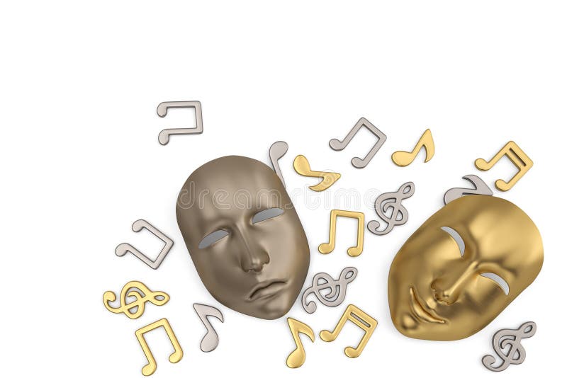 Theatrical Mask and Music Notes 3d Illustration. Stock Illustration ...