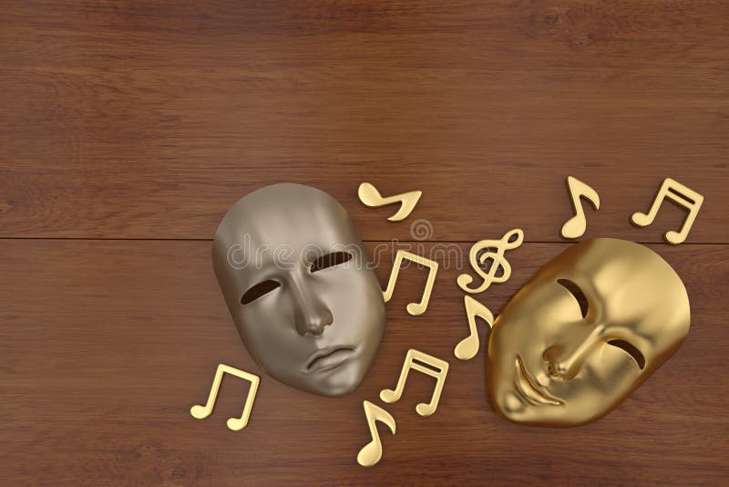 Theatrical Mask and Music Notes 3d Illustration. Stock Illustration ...