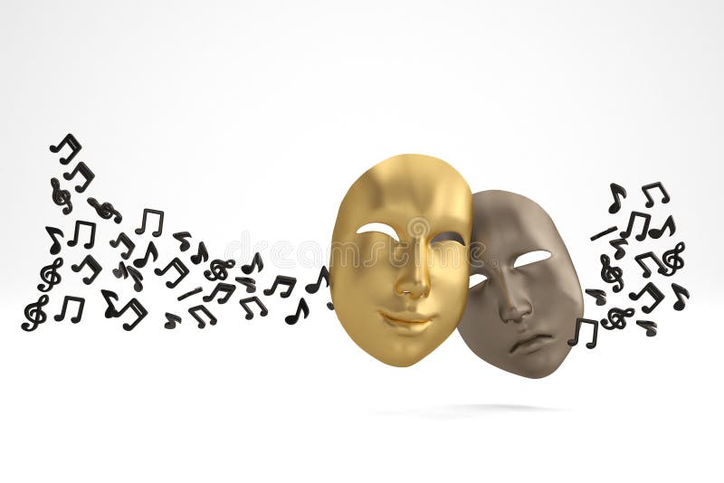 Theatrical Mask and Music Notes 3d Illustration. Stock Illustration ...