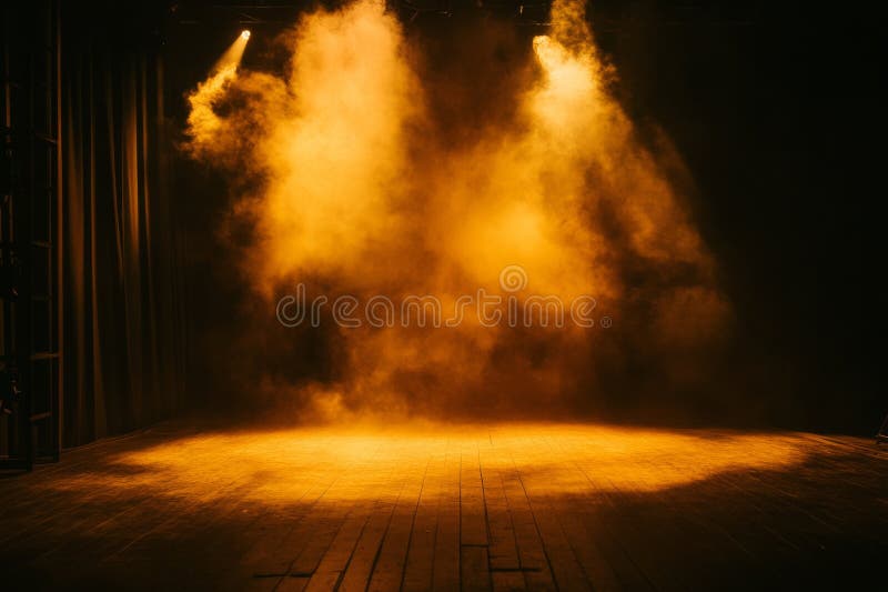 A Theatrical Stage Covered in a Thick Mist, Illuminated by Warm Golden ...