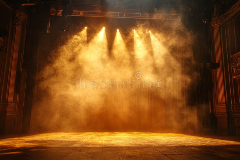 A Theatrical Stage Covered in a Thick Mist, Illuminated by Warm Golden ...