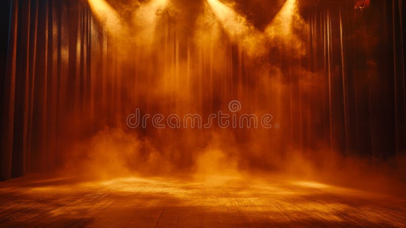 A Theatrical Stage Covered in a Thick Mist, Illuminated by Warm Golden ...