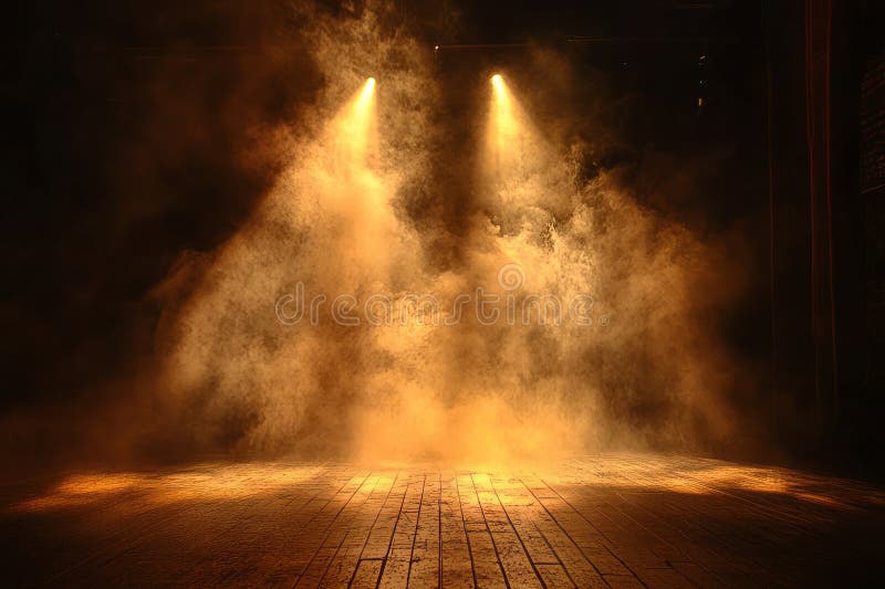 A Theatrical Stage Covered in a Thick Mist, Illuminated by Warm Golden ...