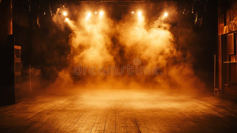 A Theatrical Stage Covered in a Thick Mist, Illuminated by Warm Golden ...