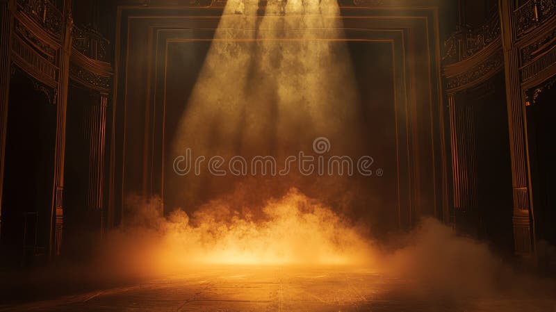 A Theatrical Stage Covered in a Thick Mist, Illuminated by Warm Golden ...