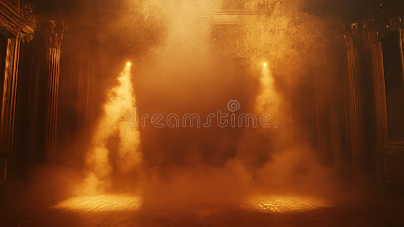 A Theatrical Stage Covered in a Thick Mist, Illuminated by Warm Golden ...