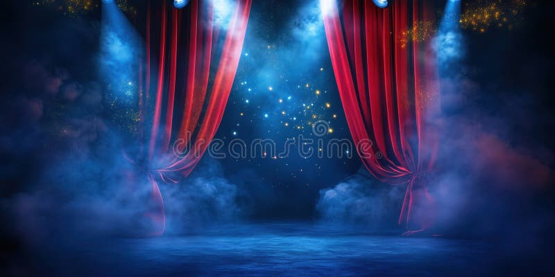 Theatrical Stage with Red Curtains and Dramatic Lighting Effects Stock ...