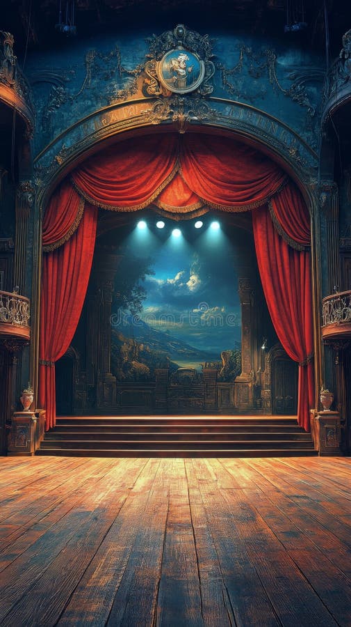 Theatrical Stage with Red Curtains and Dramatic Lighting in an Ornate ...