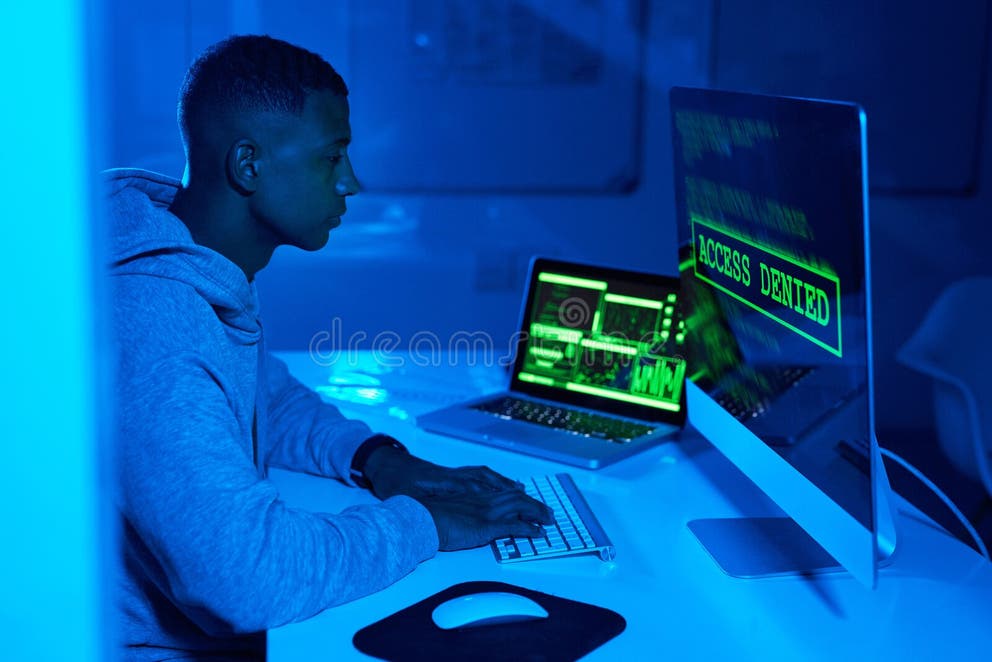 Theft, Screen or Black Man Hacking Computer for Cybercrime, Malware or ...