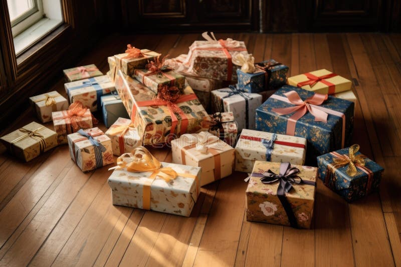 Thematic Gift Boxes of Different Sizes Arranged on the Floor Stock ...