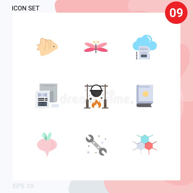 Universal Icon Symbols Group of 9 Modern Flat Colors of Email, Document ...