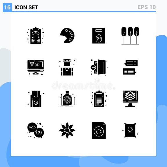 16 Thematic Vector Solid Glyphs and Editable Symbols of Computer, Trees ...