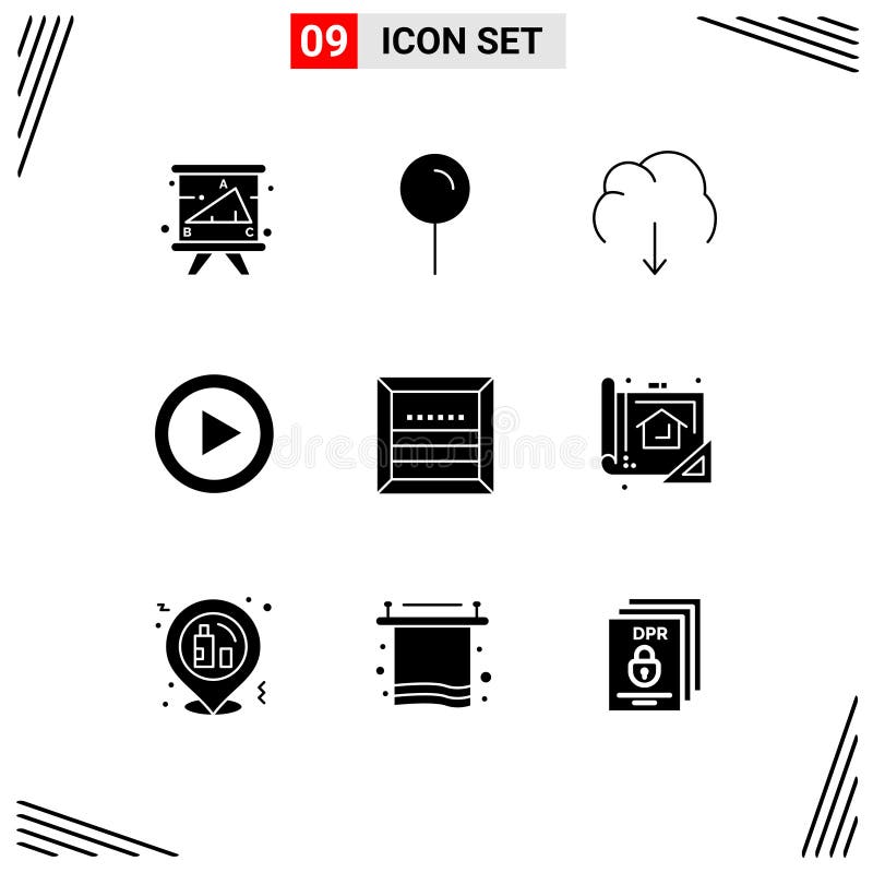 9 Thematic Vector Solid Glyphs and Editable Symbols of Play, Multimedia ...
