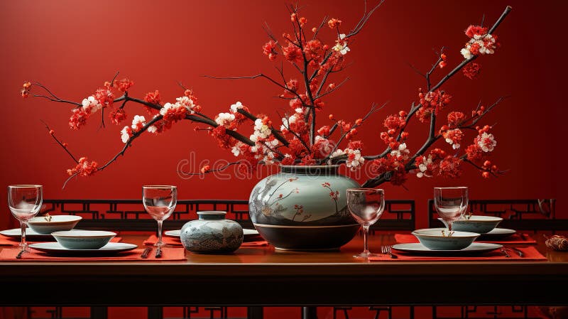 Theme of Chinese Lanterns Surround Exquisite Chinese Tableware Placed ...