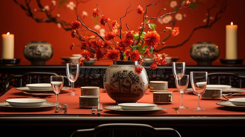 Theme of Chinese Lanterns Surround Exquisite Chinese Tableware Placed ...