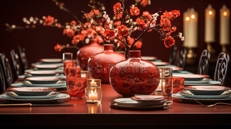Theme of Chinese Lanterns Surround Exquisite Chinese Tableware Placed ...