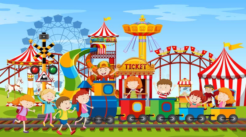 Themepark Scene with Many Rides and Happy Children Stock Vector ...