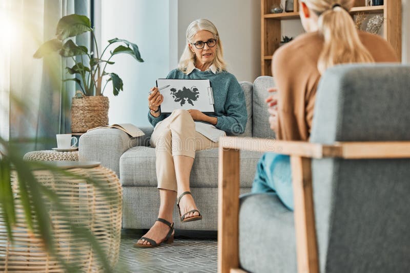 Therapist Psychologist And Woman Patient For Ink Test Therapy Session