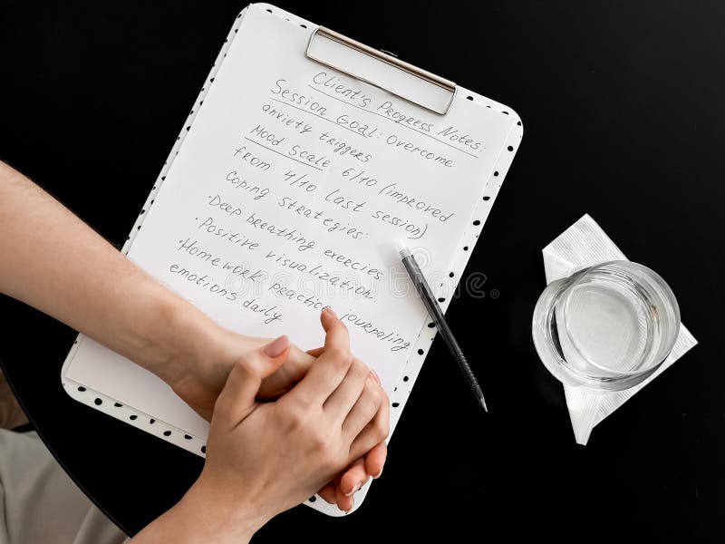 Therapy Session Notes on Clipboard with Hands and Glass of Water Stock ...
