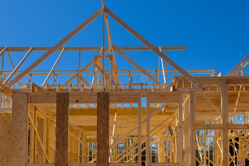 There are Beams of Wood Stick Framing in the Construction of a New ...