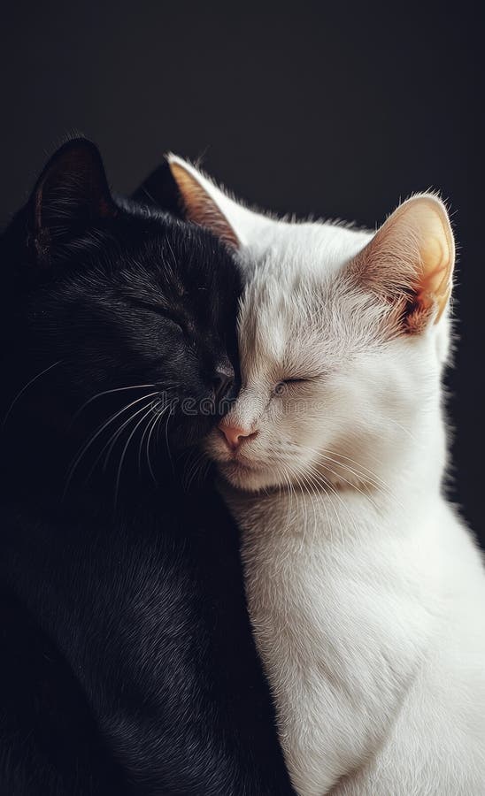 There is a Black Background and Two Black and White Cats in a Cuddle ...