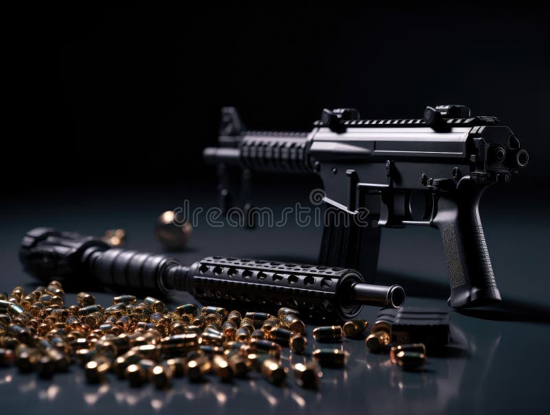 There is Black Gun on Top of Table with Several Bullets Lying Around it ...