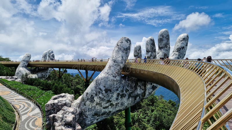 Bridge with Hand Statue in Scenic Mountain Landscape Vietnam Da Nang Ba ...
