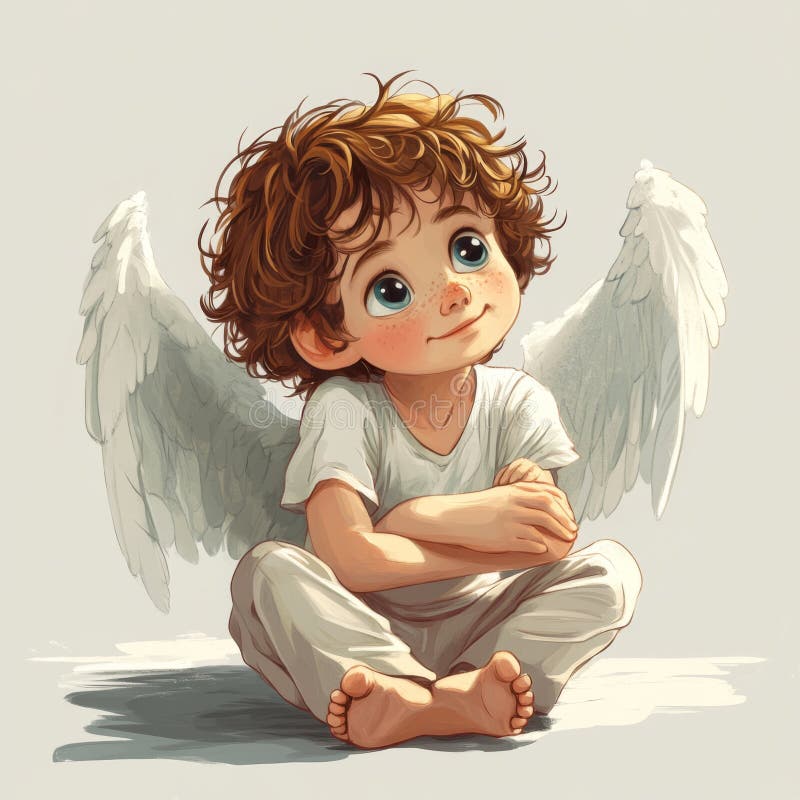 There is a Cartoon Angel Sitting on the Ground with His Hands Folded ...