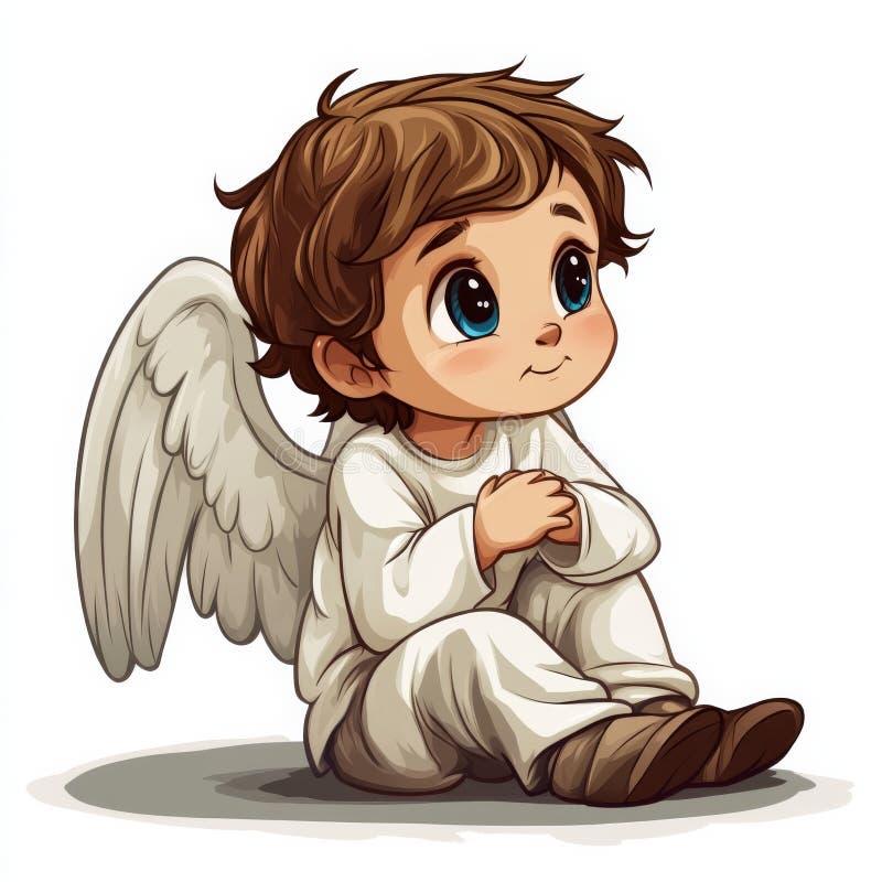 There is a Cartoon Angel Sitting on the Ground with His Hands Folded ...