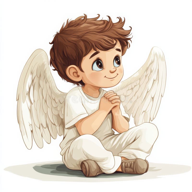 There is a Cartoon Angel Sitting on the Ground with His Hands Folded ...