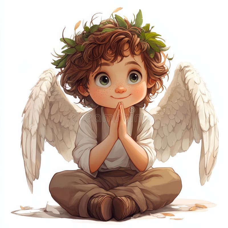 There is a Cartoon Angel Sitting on the Ground with His Hands Folded ...