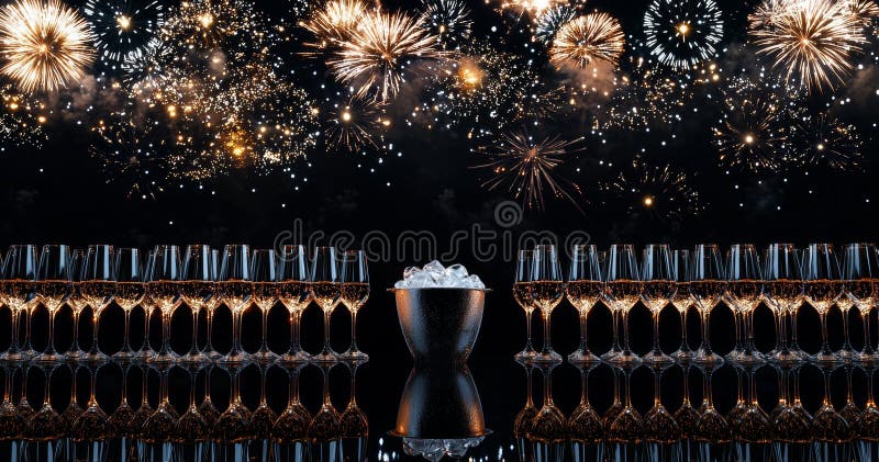 There are Champagne Glasses and Silver Ice Buckets. There are Fireworks ...