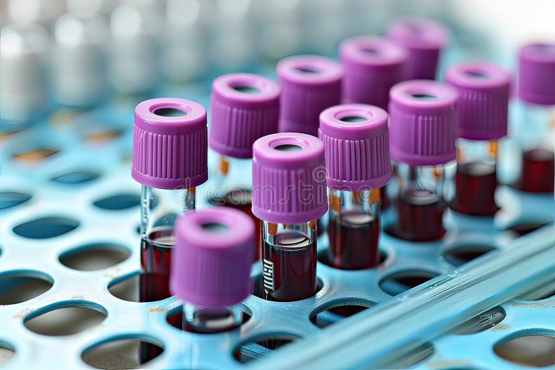 There is a Collection of Test Tubes with Purple Caps Placed Inside a ...