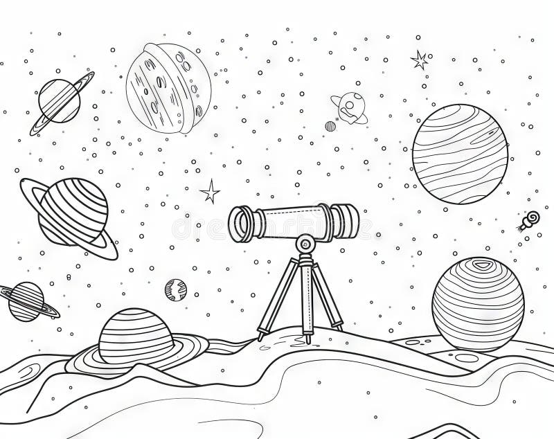 There is a Continuous One Line Drawing of a Telescope, Planets, and ...