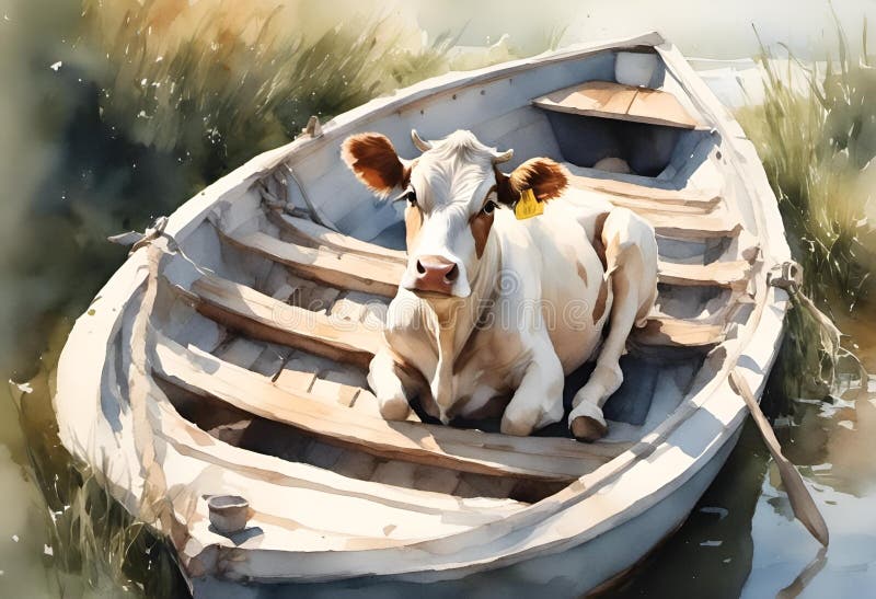 There is a Cow that is Laying Down in a Boat Stock Illustration ...