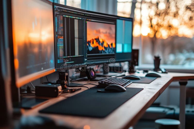 There is a Desk Featuring Three Computer Monitors Set Up in a Room ...