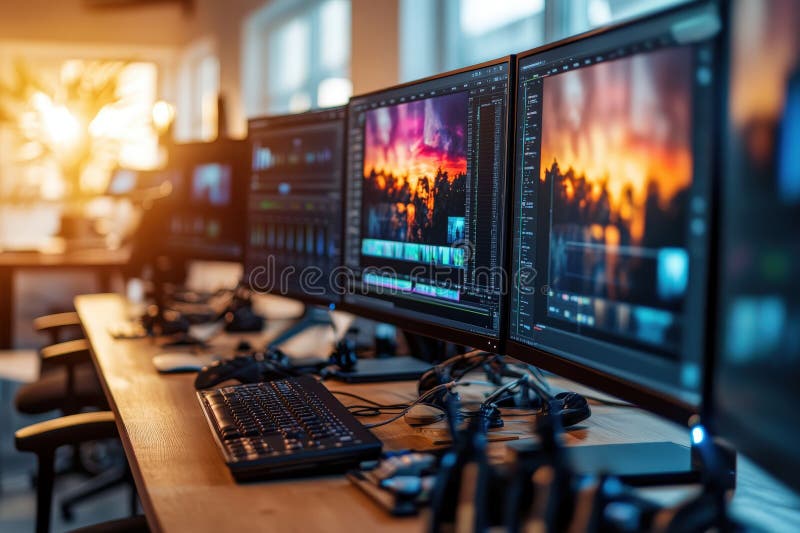 There is a Desk Featuring Three Computer Monitors Set Up in a Room ...