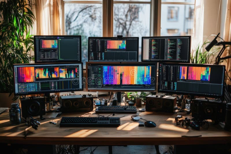 There is a Desk Featuring Three Computer Monitors Set Up in a Room ...