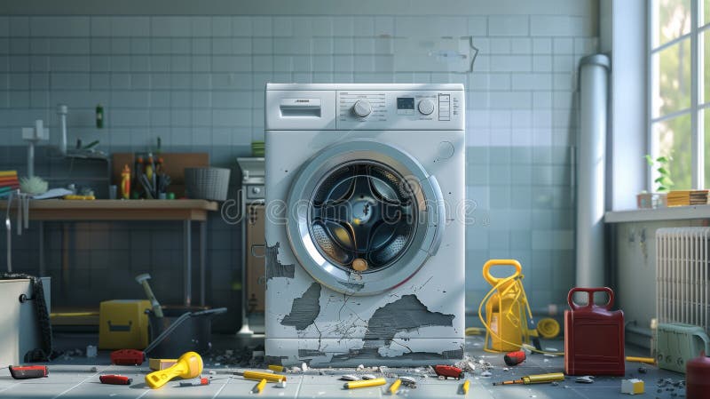 There is a Broken Washing Machine in a Cluttered Kitchen Stock ...