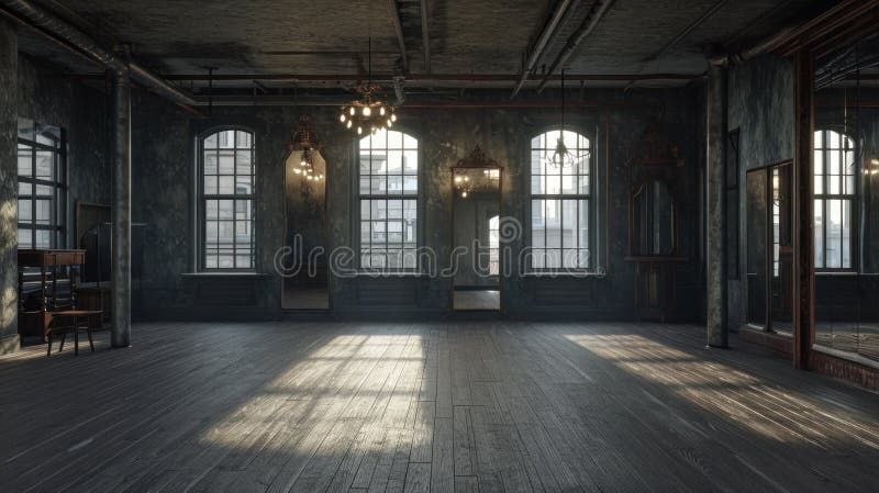There is an Empty Room Featuring a Great Number of Windows and Mirrors ...