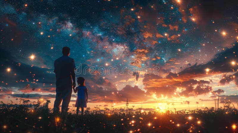 There is a Falling Star in Front of the Father and Daughter. Stock ...