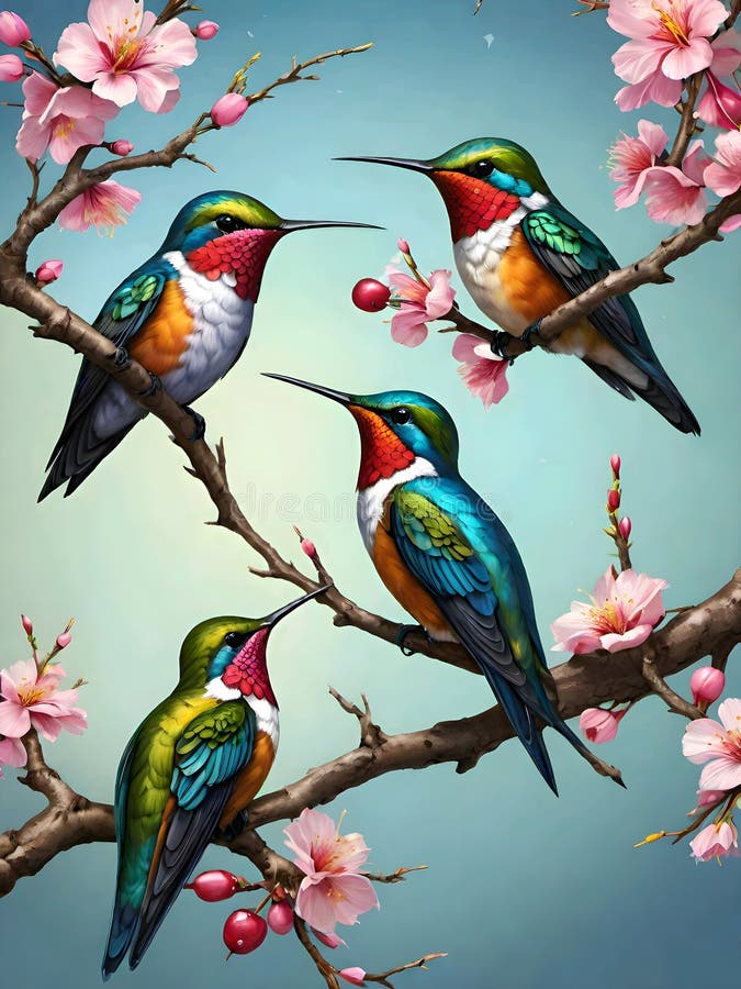 There are Five Birds Sitting on a Branch of a Tree. Stock Illustration ...
