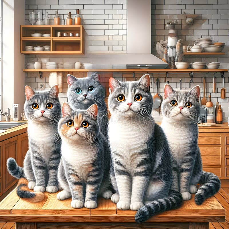 There are Five Cats Sitting on a Kitchen Counter in a Kitchen. Stock ...