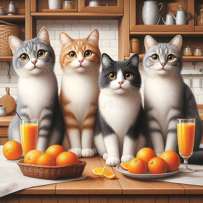 There are Four Cats Sitting on a Kitchen Counter with Oranges. Stock ...